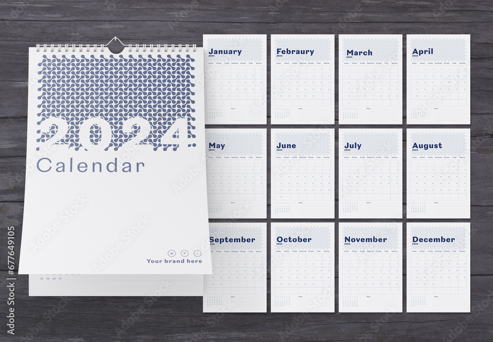 Vertical A4 2024 Calendar Template Layout Stock Template | Adobe Stock