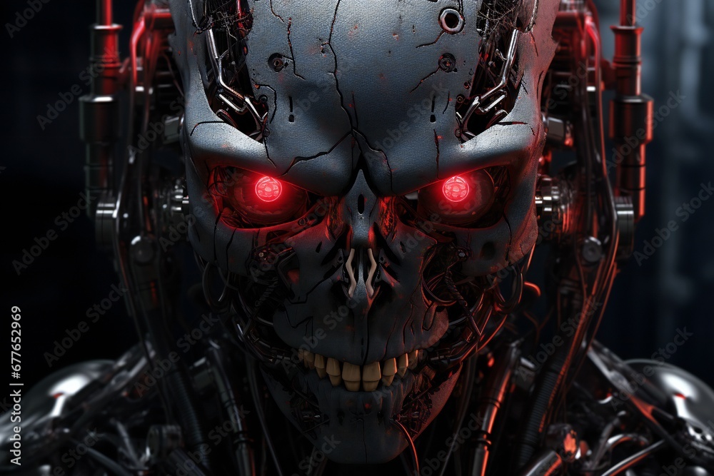Scary cyborg face that will end the humanity, devil like, with empty ...