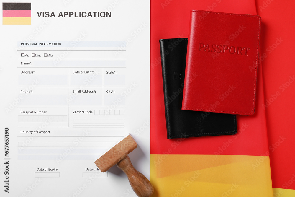 Immigration to Germany. Visa application form, passports and stamp on ...