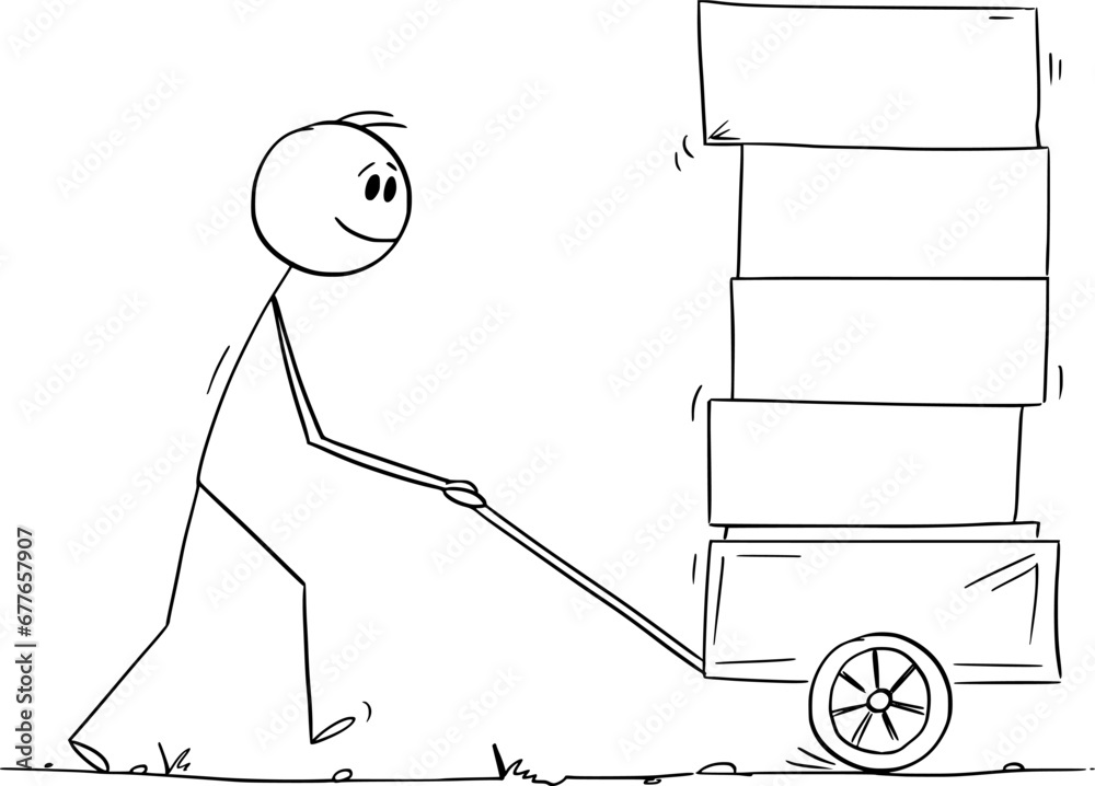 Person Pushing Cart with Boxes, Vector Cartoon Stick Figure ...