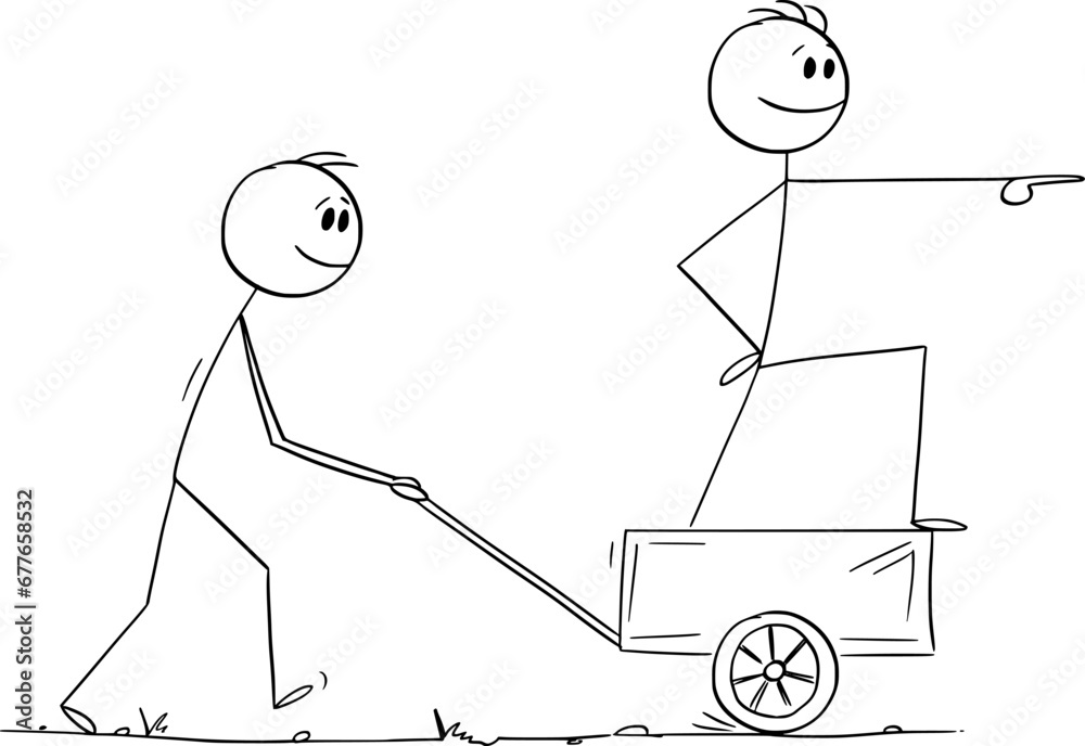 Worker Pushing Boss on Cart, Vector Cartoon Stick Figure Illustration ...