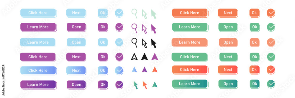 Set of modern material style buttons with pointer click for website ...