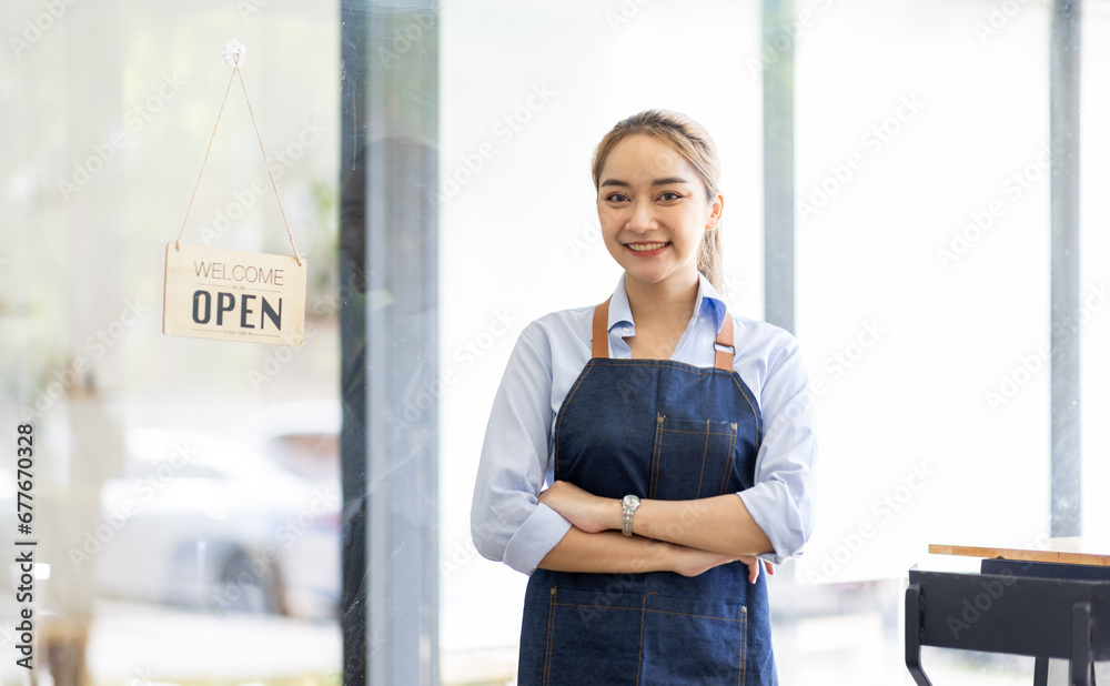 Happy SME business barista cafe owner Asian woman waitress apron and ...