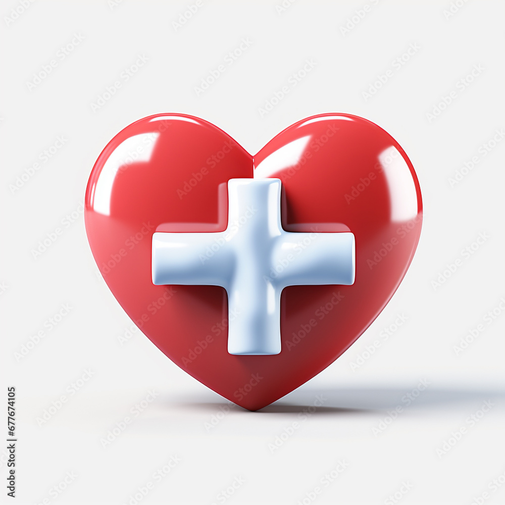 Red heart with plus sign isolated on white background. 3D illustration ...