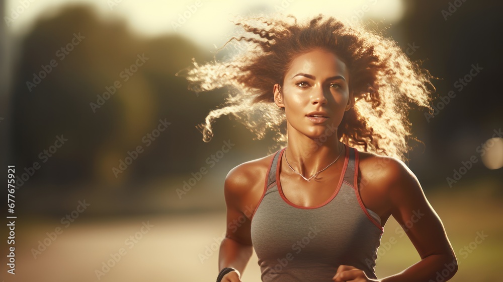 Health concept, young fitness woman runner running on trail with nature ...