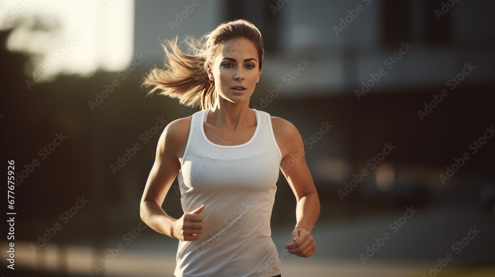 Health concept, young fitness woman runner running on trail with nature ...