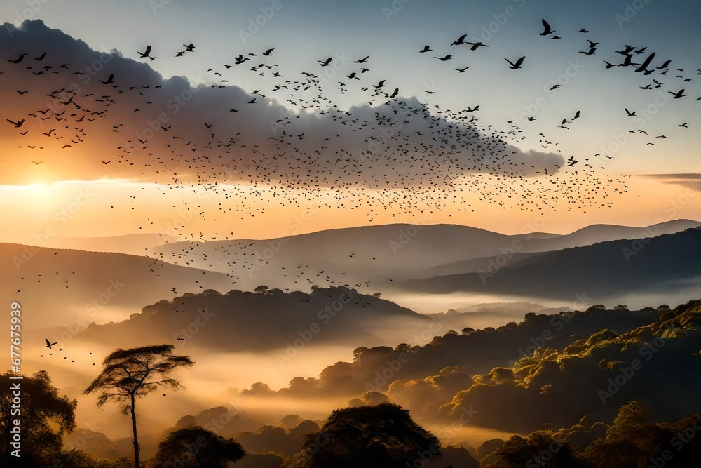 Silhouette flock of birds flying over the valley on sunbeam twilight ...