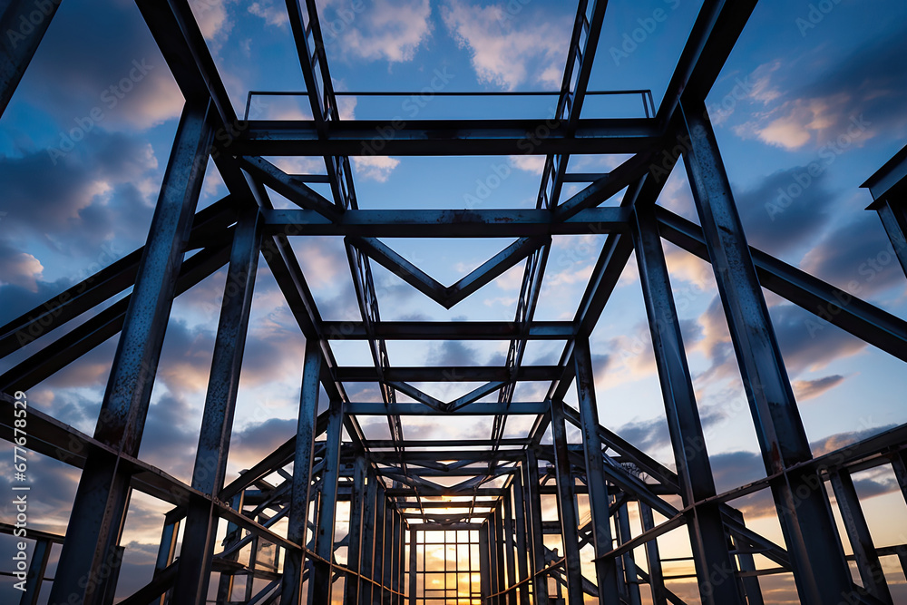 Structure of steel roof truss under the construction building with ...