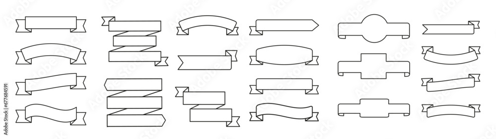 Ribbon thin line icon set. Outline sign kit of text banner. Decorative ...