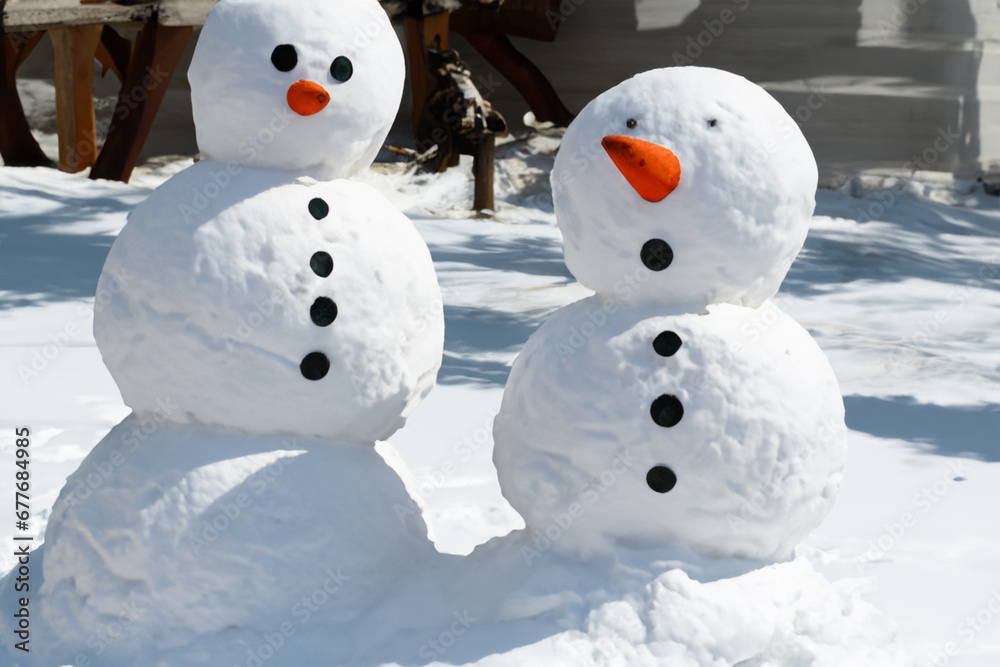 figures made of snow. large figurines of snowmen stand on a snowy road ...
