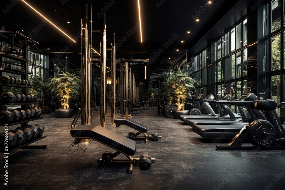 Gym with barbells and different equipment, luxurious aesthetic, created ...