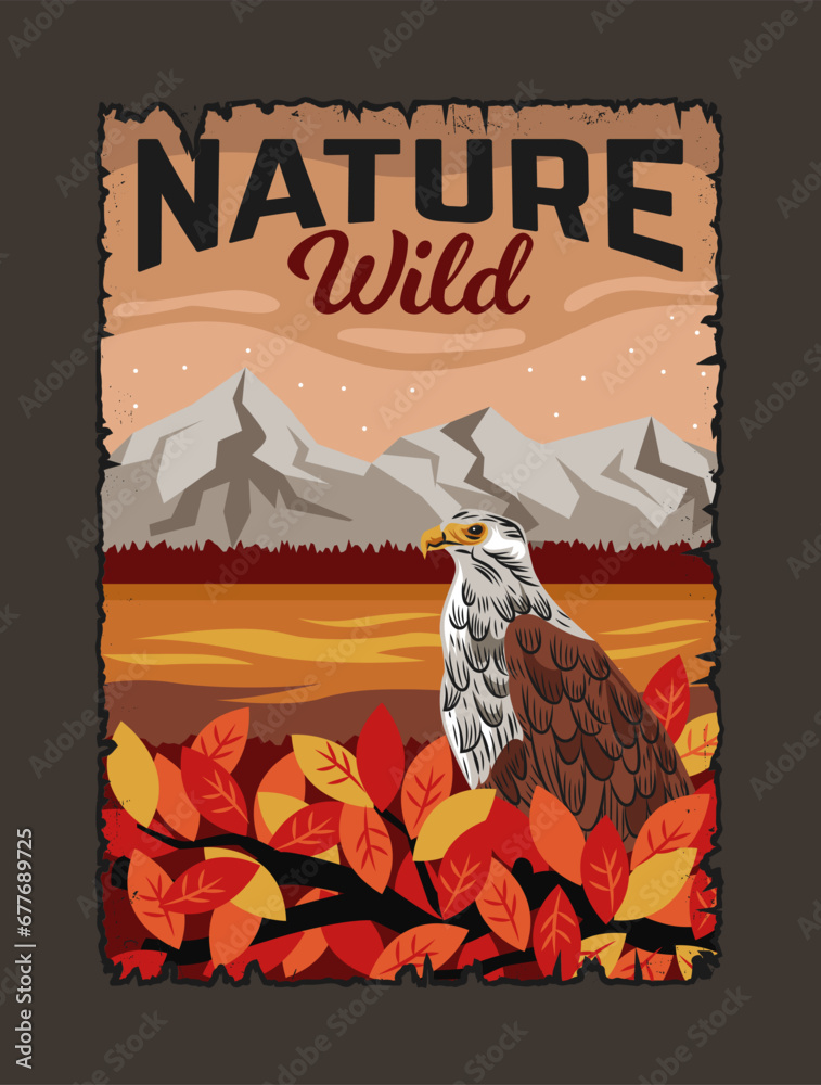 National park vintage poster. Eagle at background of lake and mountains ...