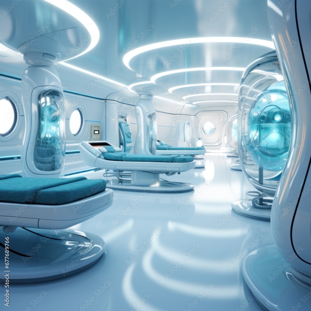 Futuristic clinic with sci-fi inspired medical pods and a high-tech ...