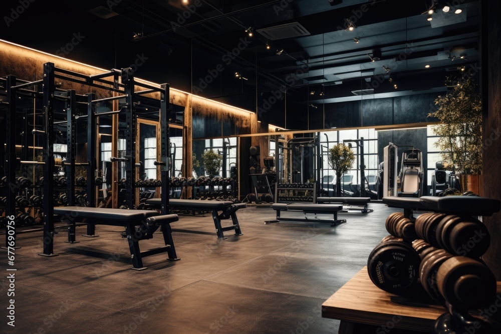 Gym with barbells and different equipment, luxurious aesthetic, created ...