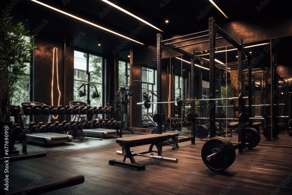 Gym with barbells and different equipment, luxurious aesthetic, created ...