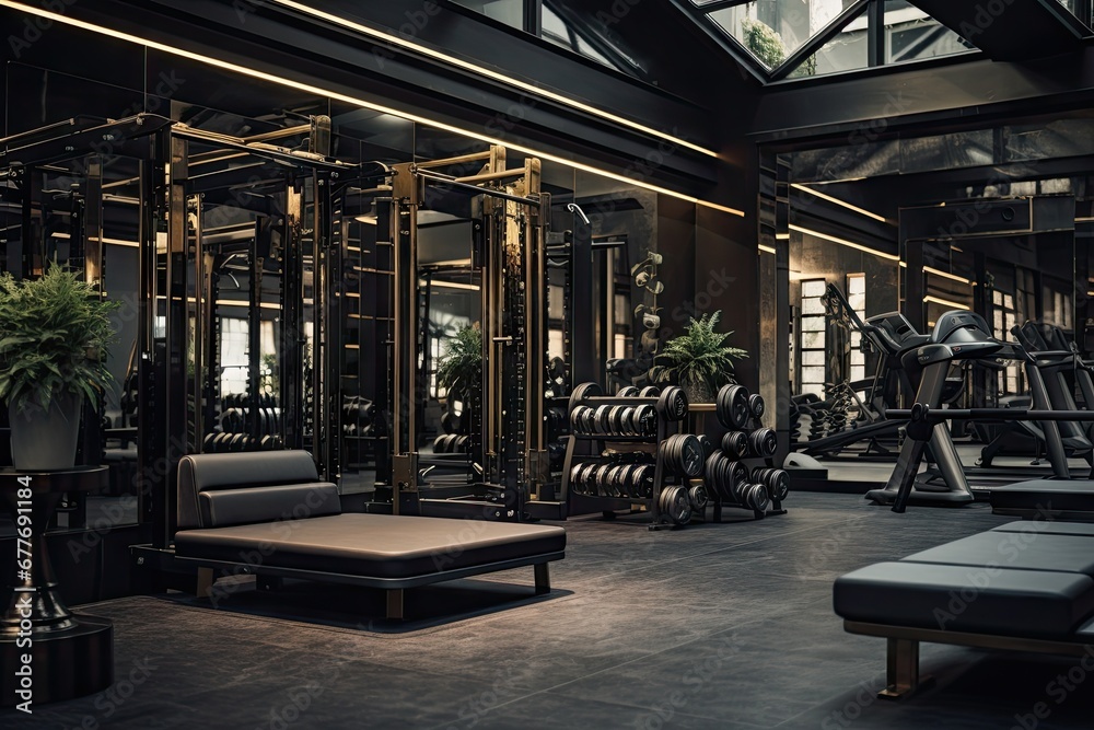 Gym with barbells and different equipment, luxurious aesthetic, created ...