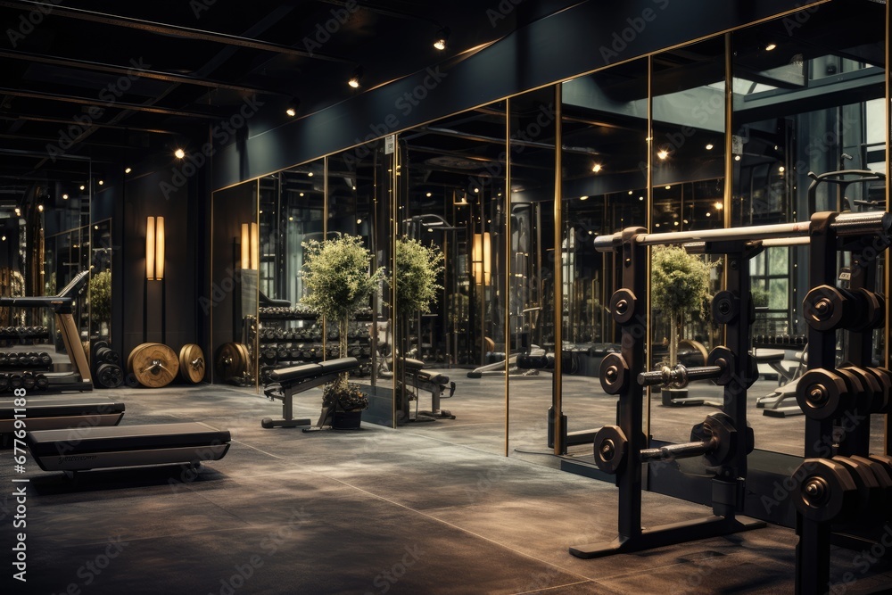 Gym with barbells and different equipment, luxurious aesthetic, created ...