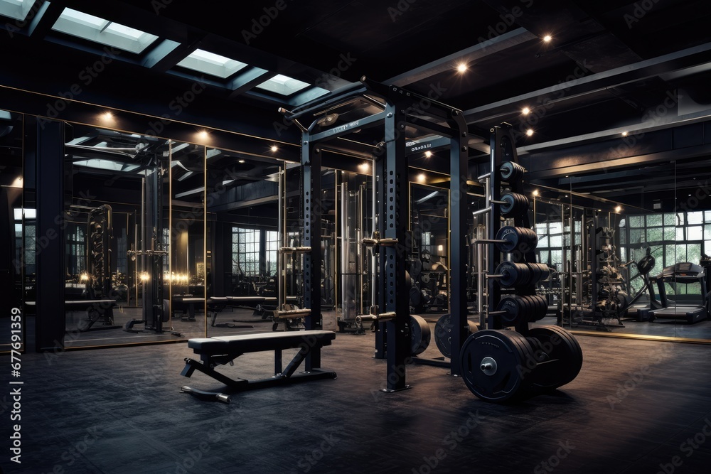 Gym with barbells and different equipment, luxurious aesthetic, created ...