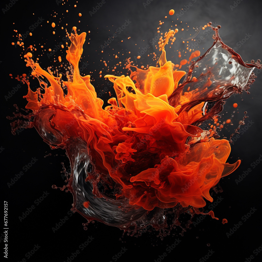 Splash of fire, black on black, in the style of ray tracing, dark white ...