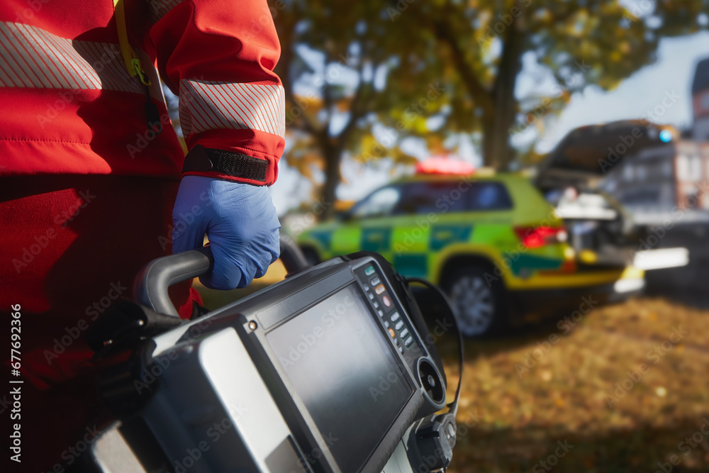 Emergency medical service. Close-up of paramedic hand in blue surgical ...