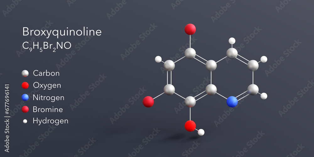 broxyquinoline molecule 3d rendering, flat molecular structure with ...