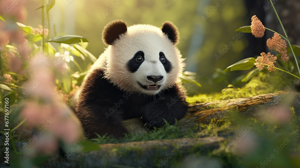Cute panda with bamboo on tropical forest background. Animals wallpaper ...