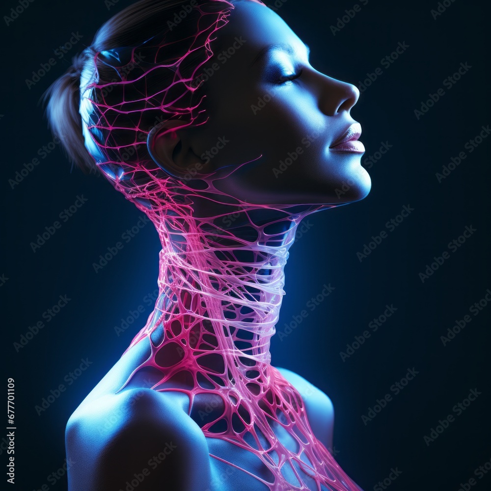 Anatomy of a human neck with glowing arteries. Woman neck with a ...