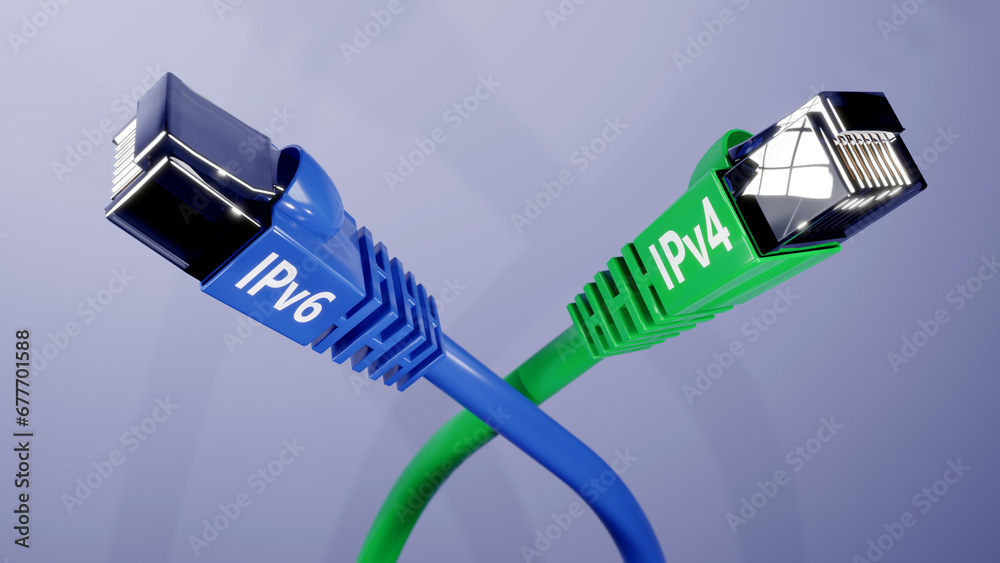 3d render of two RJ-45 connectors and cables. One labeled IPv6 and the ...