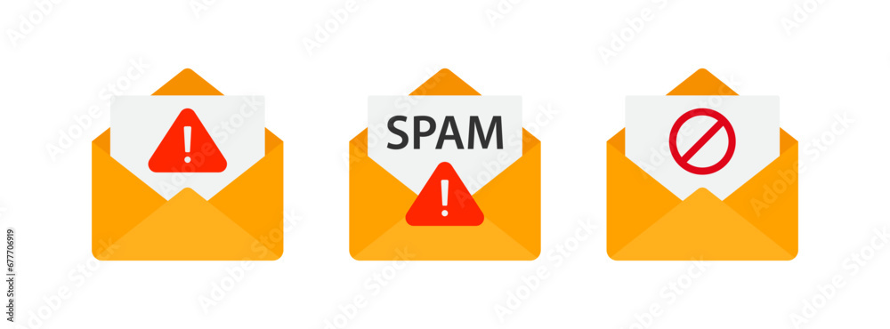 Spam email icon. Virus mail message symbol. Malware letter signs ...