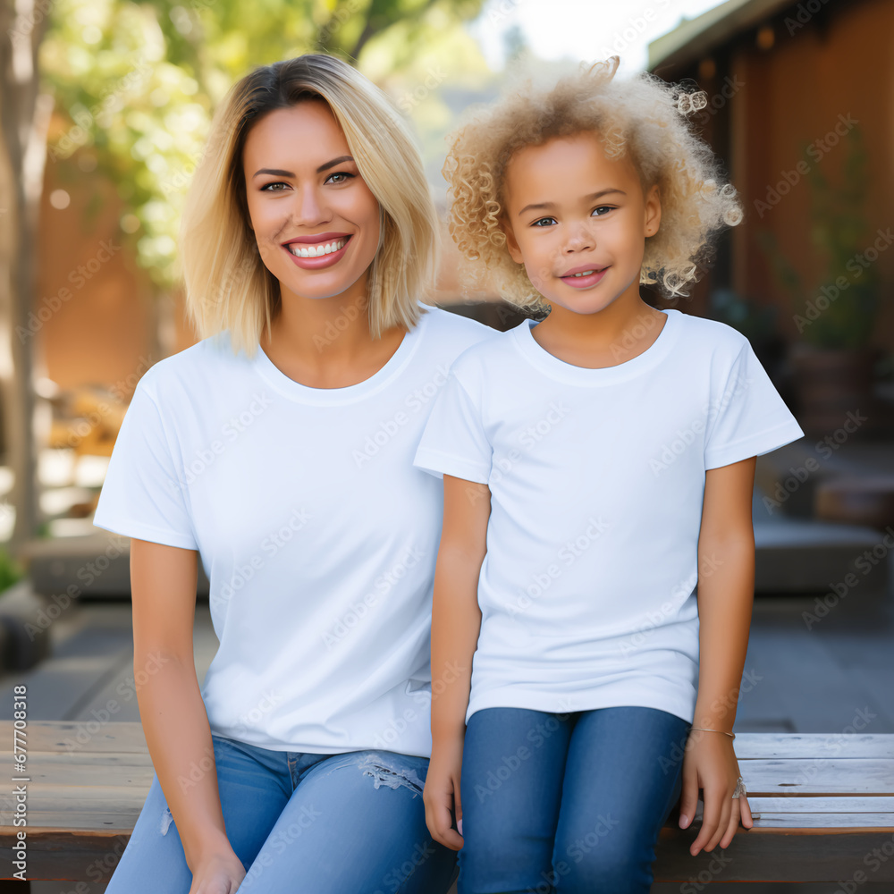 Lifestyle photo of a mom next to 5 year old daughter, full body photo, shot below eye level ...