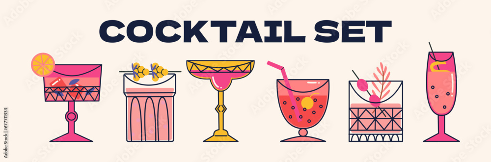 Set alcoholic cocktails in glasses in cartoon retro style of different ...