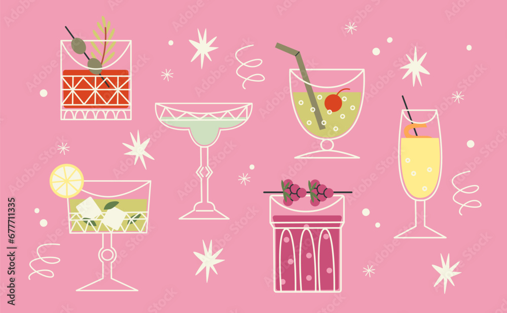 Set alcoholic cocktails in glasses in cartoon retro style of different ...