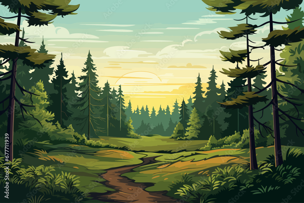Forest landscape background with path and trees. Vector illustration in ...