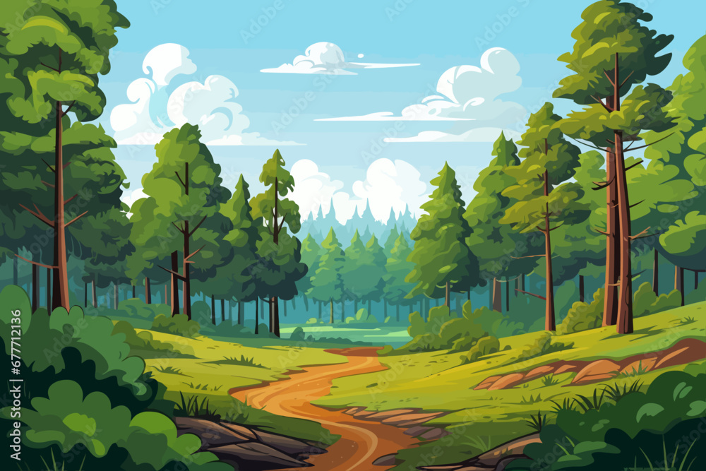 Forest landscape background with green trees and grass in cartoon style ...