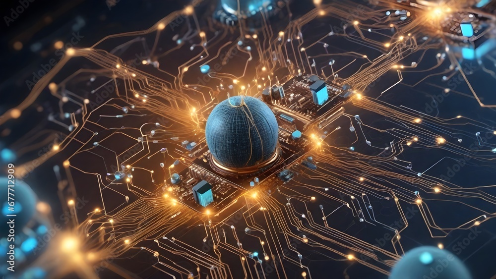 Abstract tech background with illuminated fiber optic connections, showcasing a quantum ...