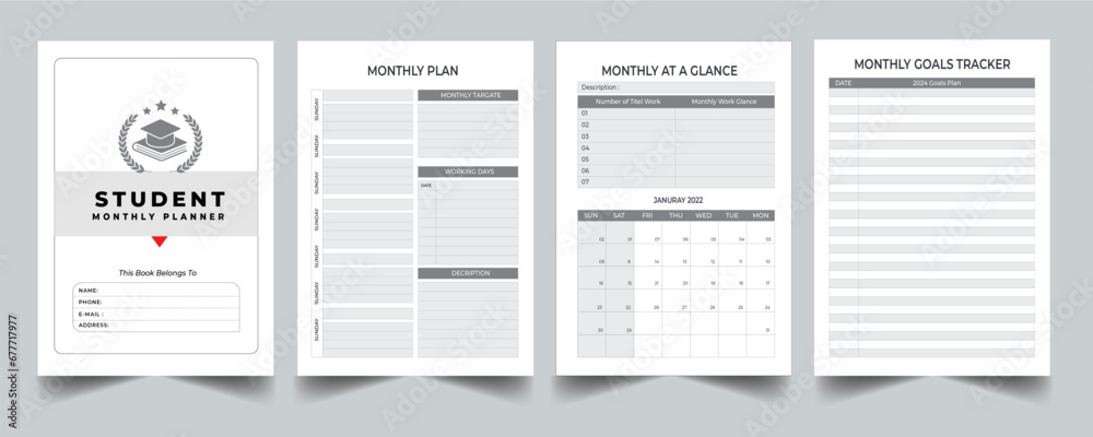Monthly Student Planner layout design with cover page . Daily, weekly ...