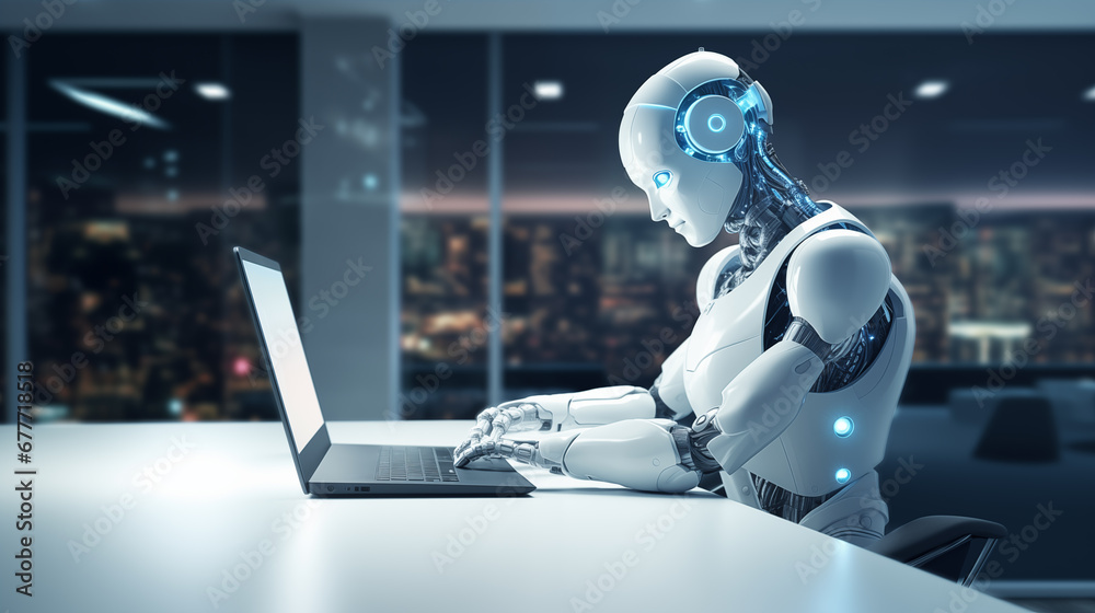 Humanoid AI robot engaged in work on a modern laptop. Stock Photo | Adobe Stock