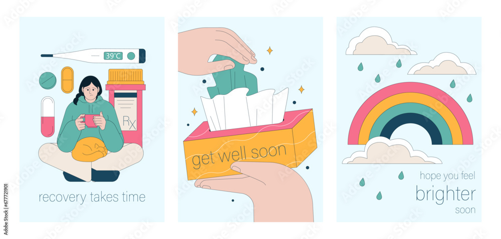 Get well soon card set. Positive and motivational poster with greeting ...