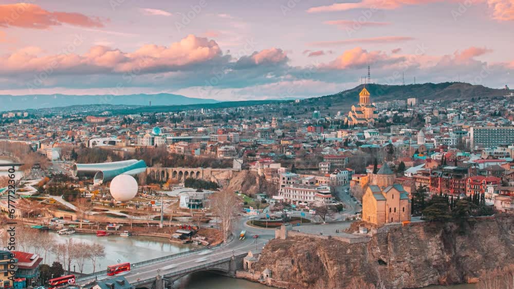 Tbilisi, Georgia. day to night time lapse timelapse. Top View Of Famous ...