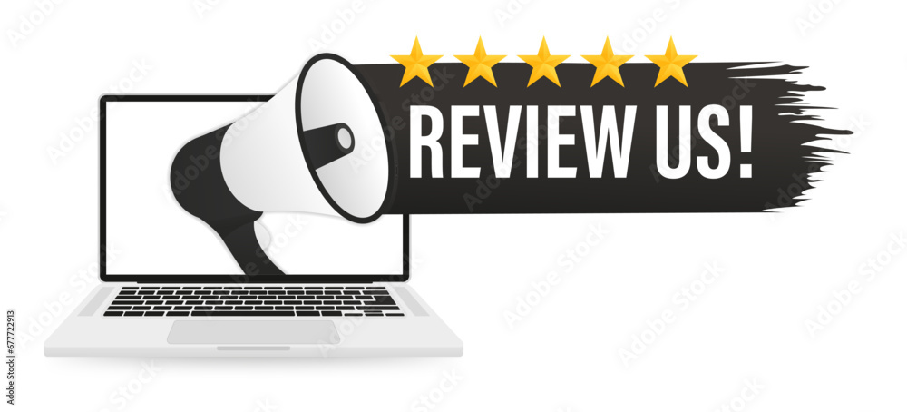 Review us rating. Review us on your laptop screen. Megaphone with ...