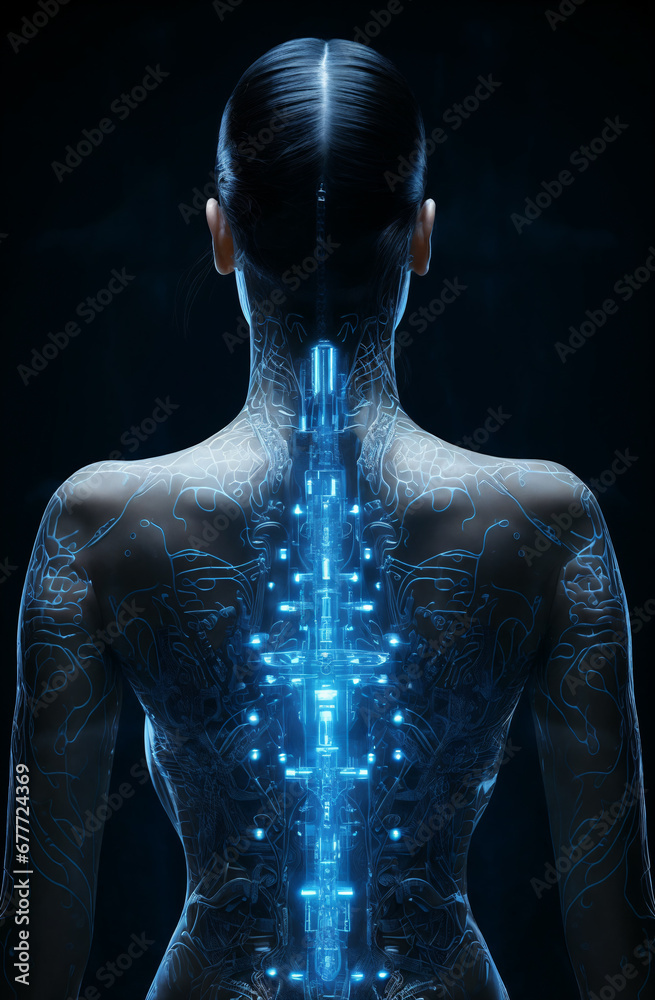 back view of futuristic human digital spinal Cord, ability enhance of ...
