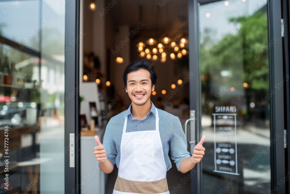 Asian Shop Owner's Smiles of Achievement. His hard work pays off as he ...
