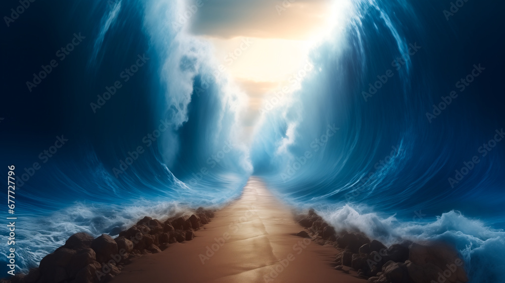 Ocean separate up to form canal. Bible miracle of Moses parting red sea ...