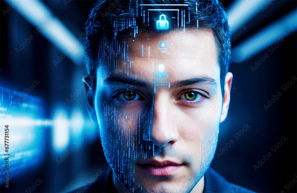 hyper realistic cyborg face scanning by futuristic matrix overlay and ...
