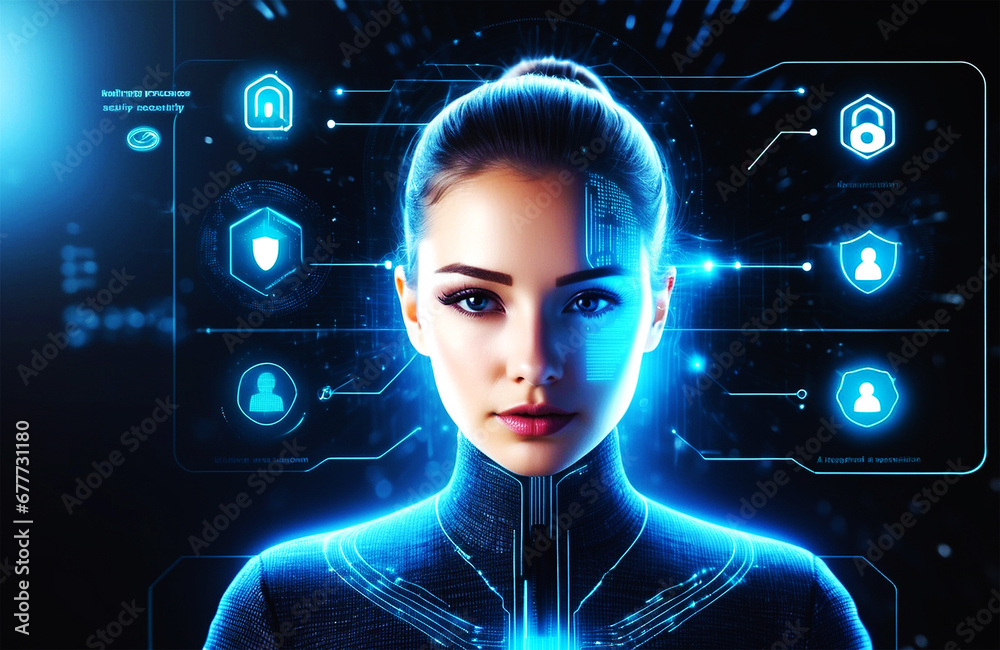 photorealistic cyborg face scanning by futuristic matrix overlay and ...