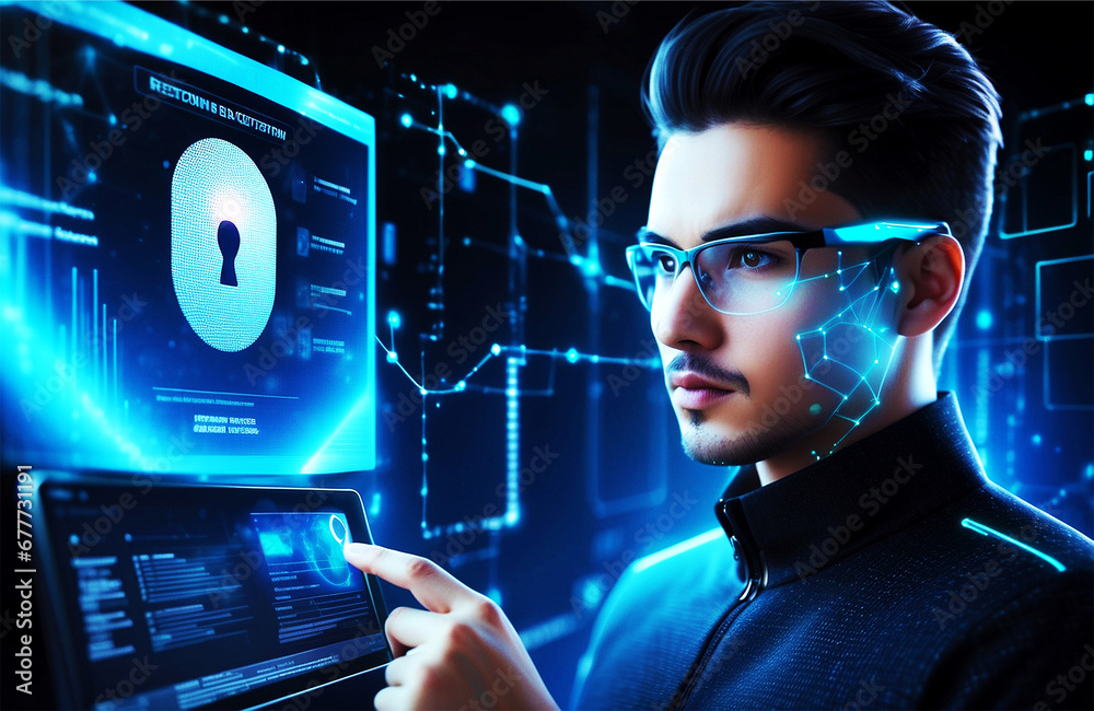 photorealistic cyborg wearing sci fi googles working on futuristic ...