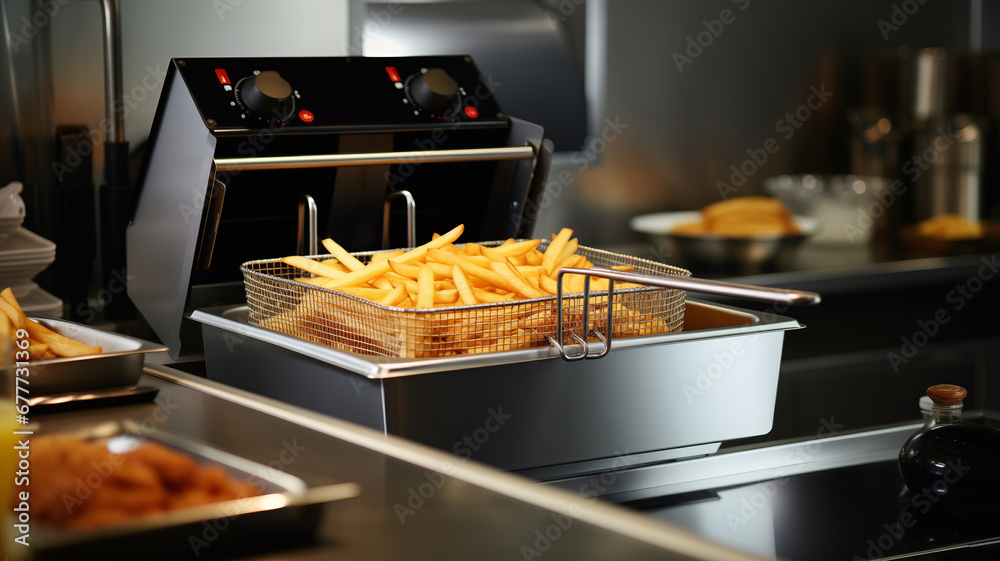 French fries cooking. Grid with strips hop potato in boiling oil ...