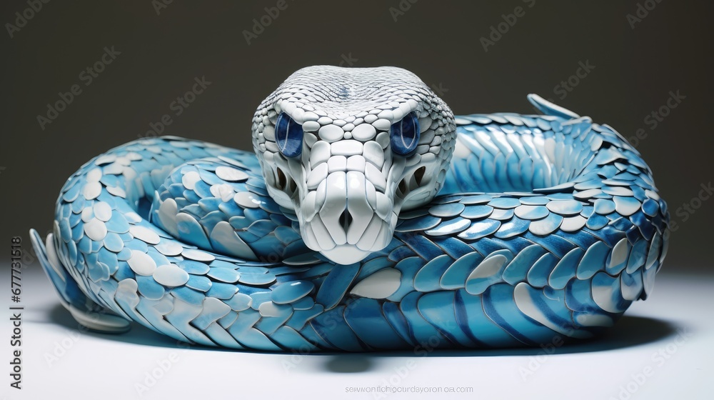 a blue and white snake figurine sitting on top of a white surface with ...