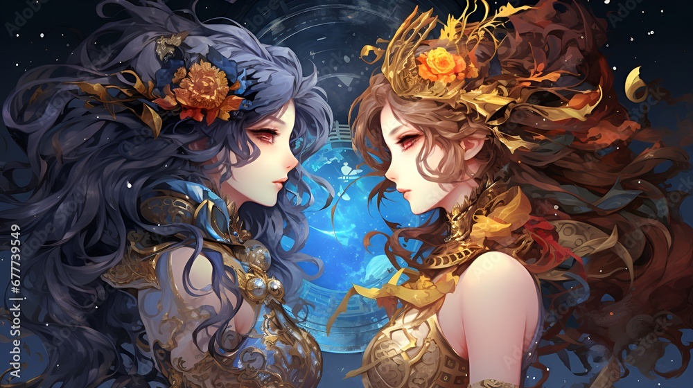 Zodiac signs Gemini in anime style. Generated AI Stock Illustration ...
