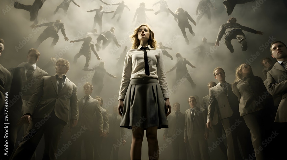 Full body photo of crowd of fellows standing around girls public ...
